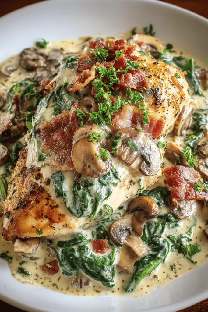 Rich & Creamy Smothered Chicken with Spinach, Bacon & Mushrooms ...